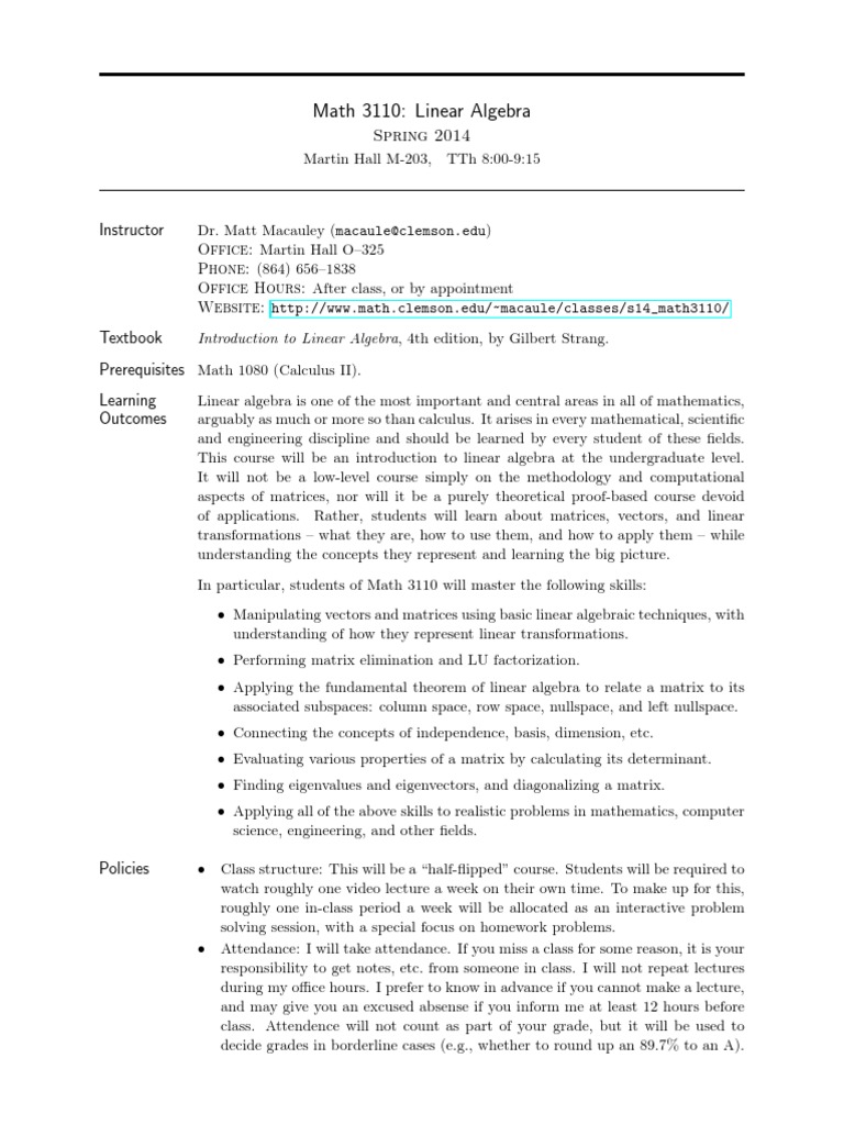 Math 3110 Linear Algebra Spring 2014 Pdf Matrix Mathematics Linear Algebra
