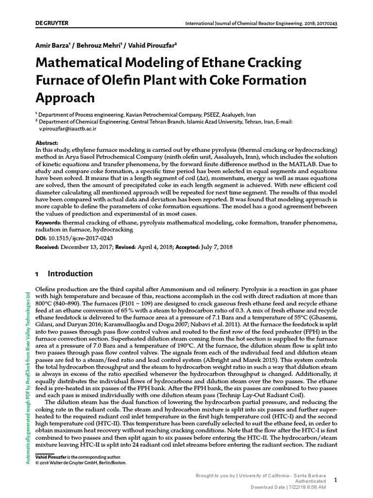 Mathematical Modeling of Ethane Cracking PDF | PDF | Cracking ...