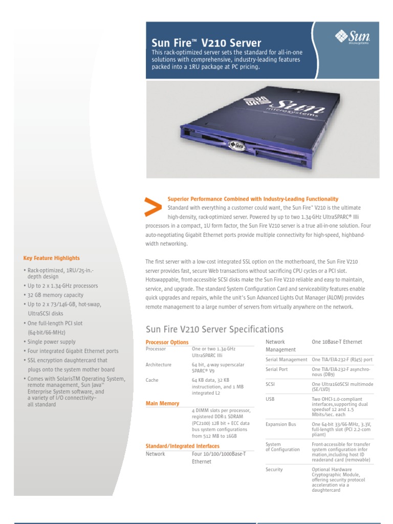 Datasheet Technical Spec Sun V210 - Server | PDF | Central Processing ...