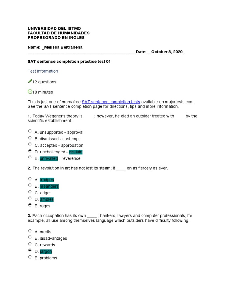 SAT Sentence Completion Practice Test | PDF | Foreign Language Studies