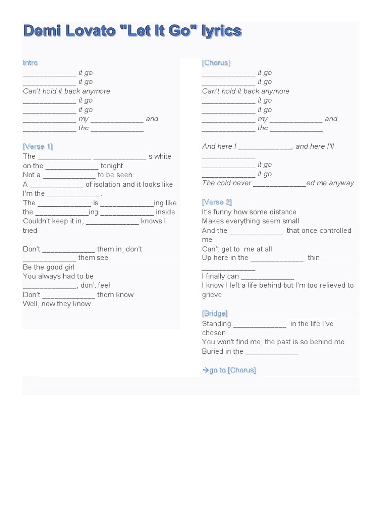 Demi Lovato LET IT GO WORKSHEET | PDF