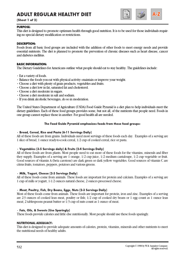 Adult Regular Healthy Diet: Purpose | PDF | Foods | Vegetables