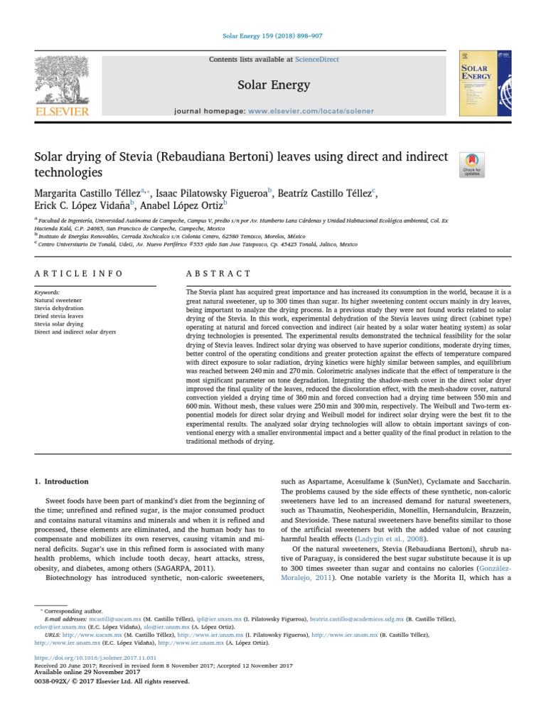 Solar Drying of Stevia (Rebaudiana Bertoni) Leaves Using Direct and ...
