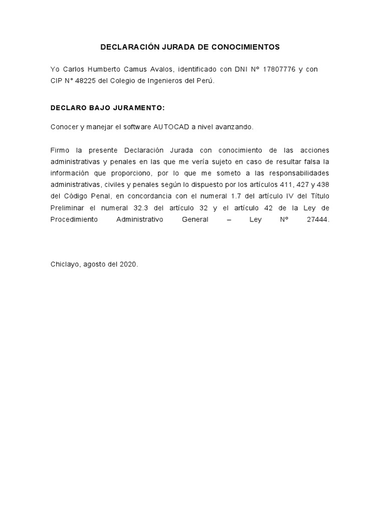 Declaración Jurada de Conocimientos | PDF | Derecho
