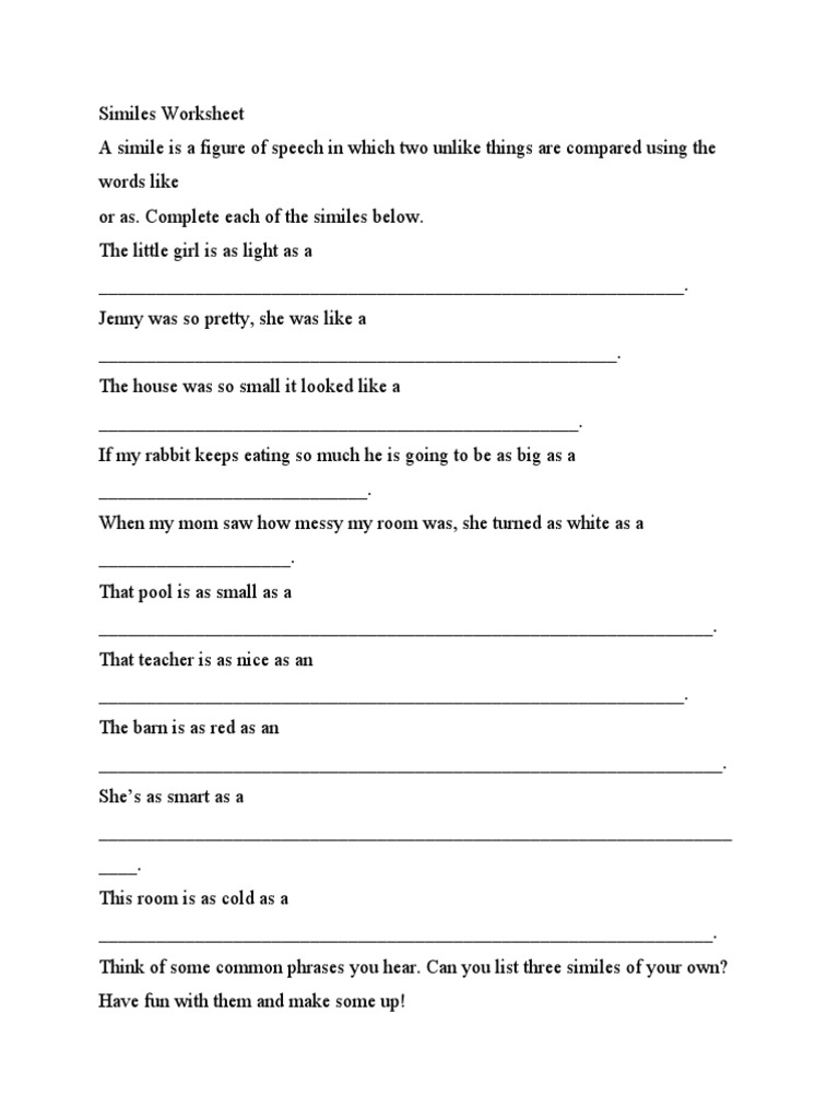 Similes and Metaphor Worksheet | PDF