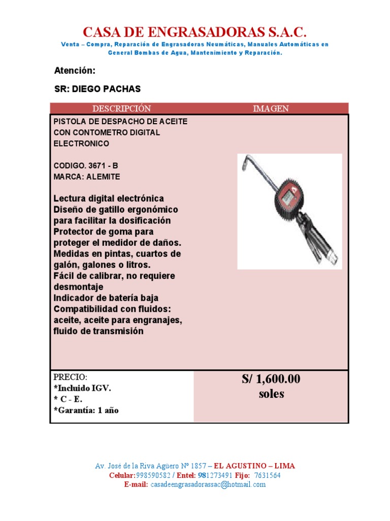 Pistola de Despacho de Aceite Con Contometro Digital Electronico 3671-B Alemite | PDF