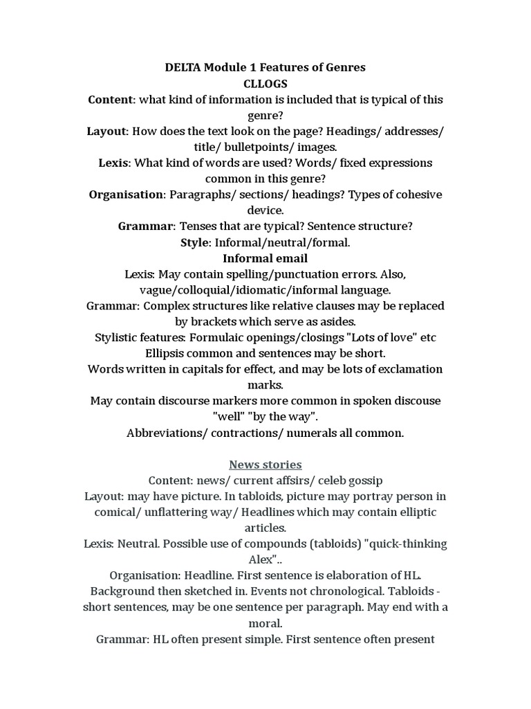 DELTA Module 1 Features of Genres | PDF | Sentence (Linguistics) | Phrase