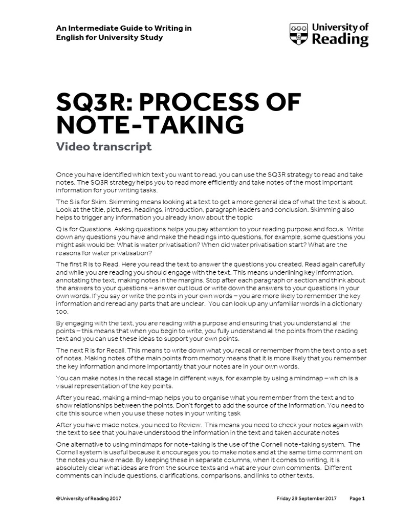 SQ3R - Process of Note-Taking PDF | PDF | Speed Reading | Mental Processes