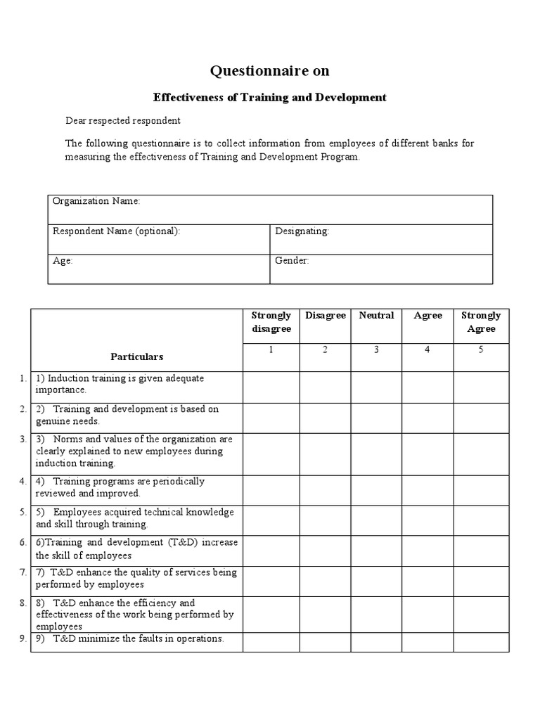 Training Effectiveness Questionnaire | PDF
