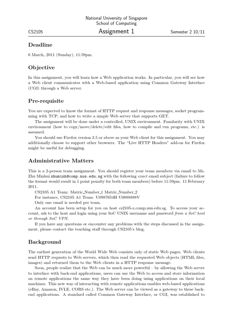 CS2105 Assignment 1 | PDF | Hypertext Transfer Protocol | Web Server