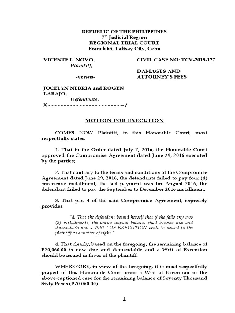 Motion For Execution Joint Motion Compromise Agreememt Motion To Set ...