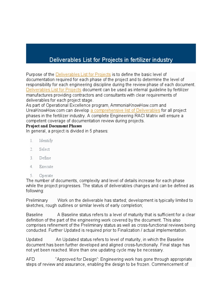 Deliverables List For Projects in Fertilizer Industry | PDF ...