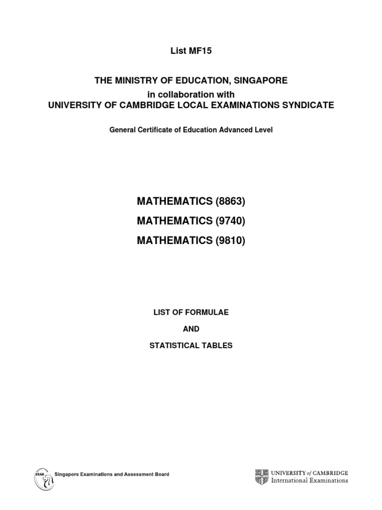 List of Formulae and Statistical Tables: A Comprehensive Reference for ...