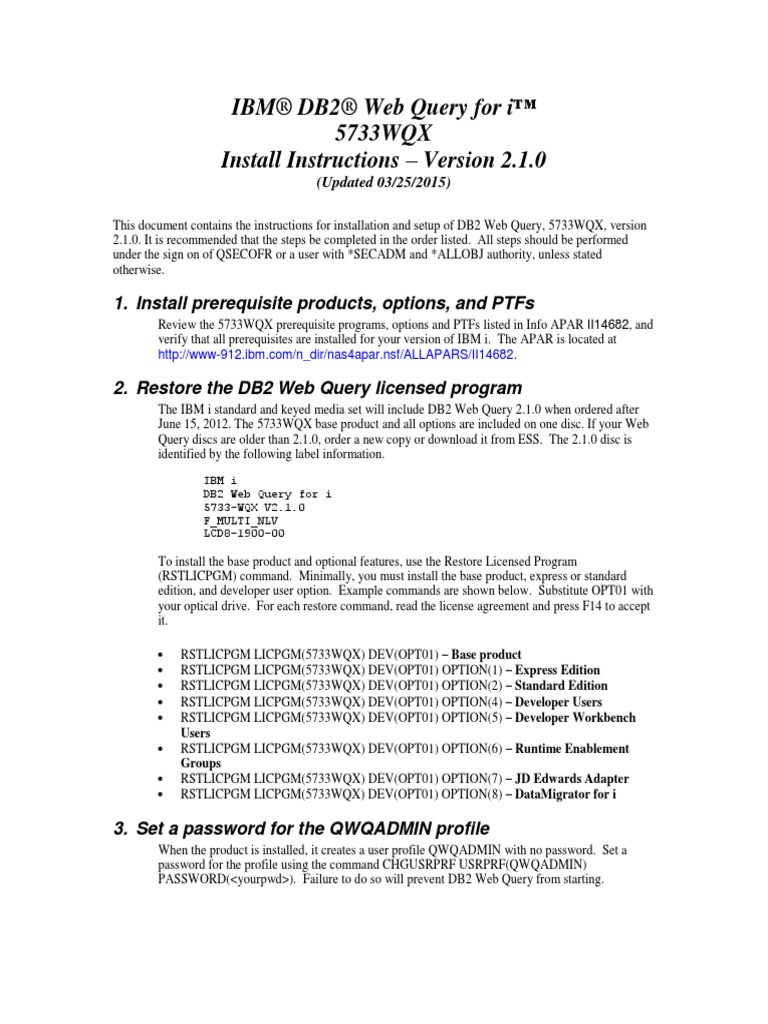 IBM® DB2® Web Query For I™ 5733WQX Install Instructions - Version 2.1.0 | PDF | World Wide Web ...