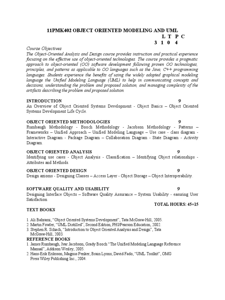 11PMK402 Object Oriented Modeling and Uml L T P C 3 1 0 4 | PDF ...