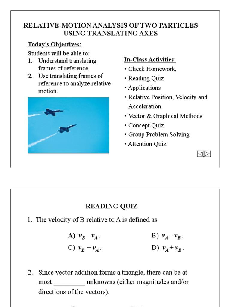 Relative Motion Analysis Of Two Particles Using Translating Axes Pdf Euclidean Vector Sine