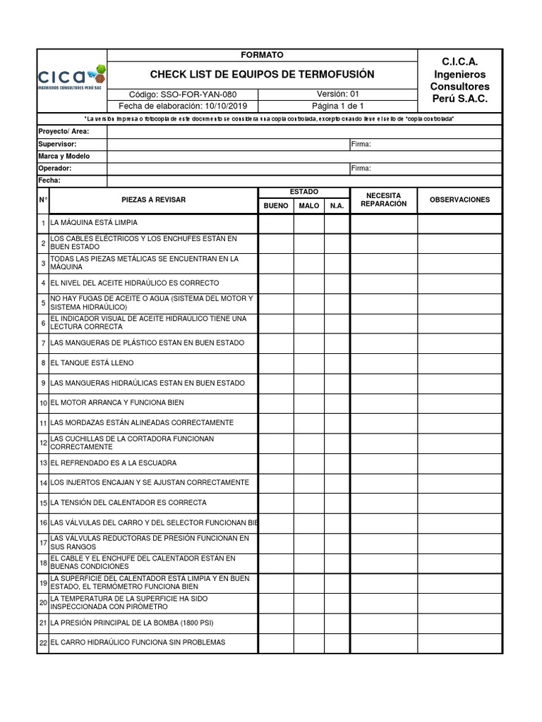 Sso-For-Yan-080 Check List Equipos de Termofusión.v.1 | PDF ...