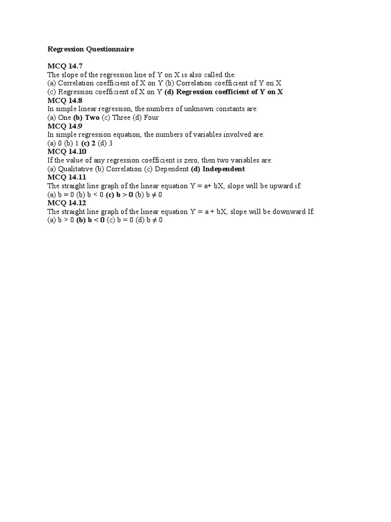 Regression Questionnaire MCQ 14.7 | PDF