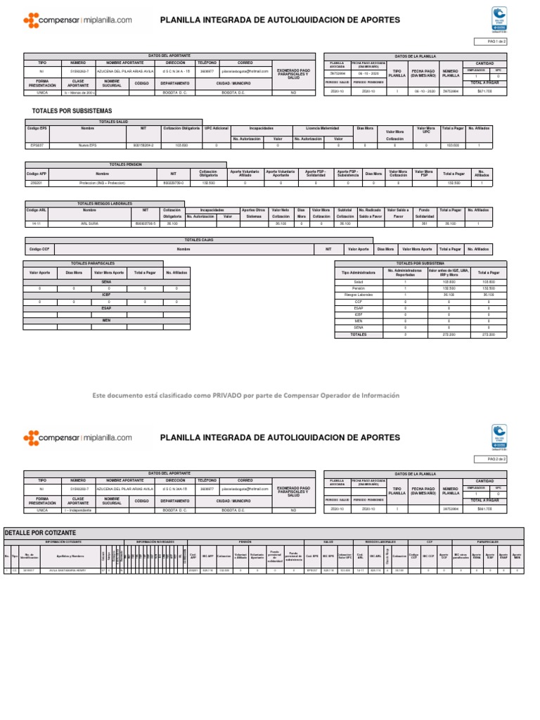 Compensar Planilla PDF | PDF