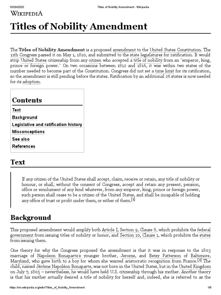 Titles of Nobility Amendment - Wikipedia | PDF | Constitutional Law ...
