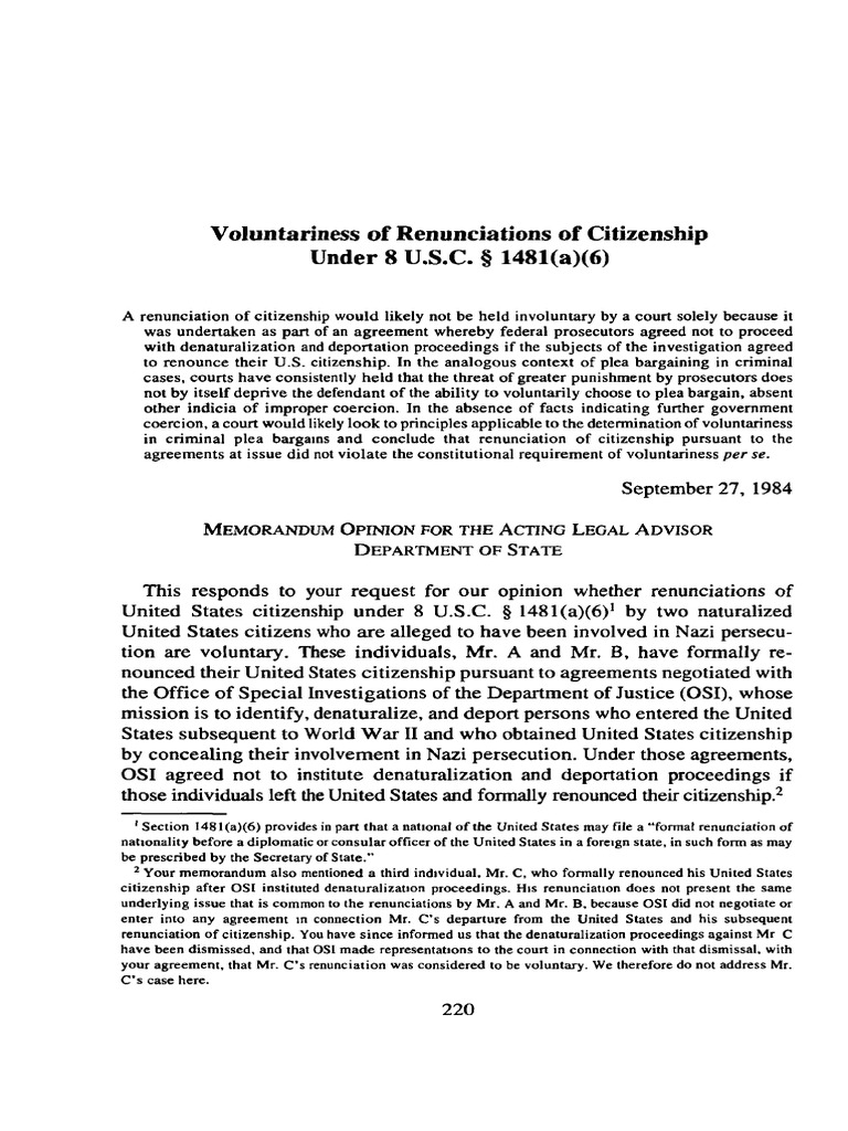 Voluntary Renunciation of Citizenship Analysis | PDF | Plea | Plea Bargain