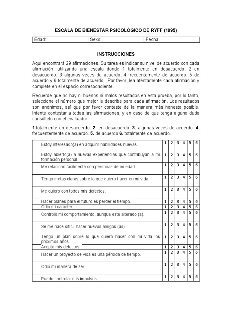 Escala de Bienestar Psicológico de Ryff | PDF | Conceptos psicologicos ...