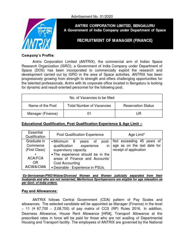 Antrix Corporation Finance Manager Recruitment | PDF | Recruitment | Fee