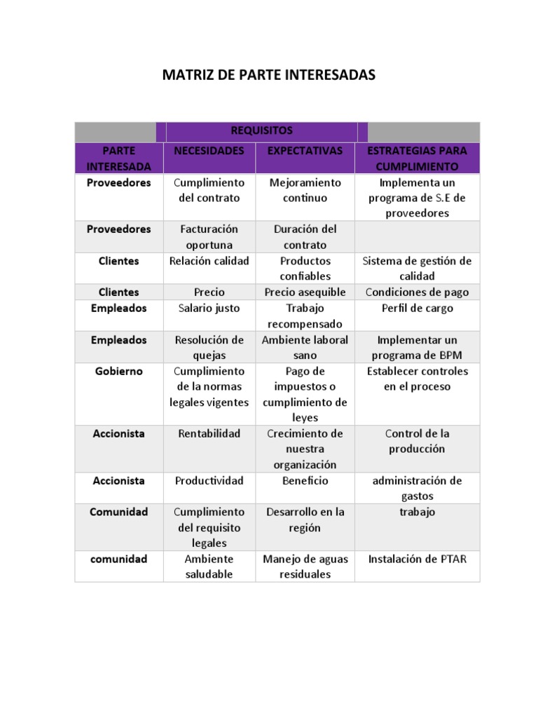 Matriz de Parte Interesadas | PDF | Marketing | Business