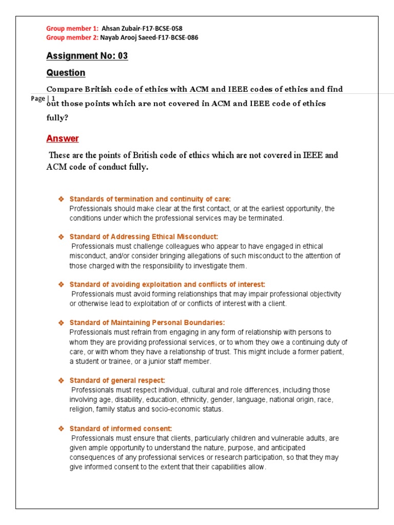Assign-3 (Comparison of British Code of Conduct With IEEE and ACM Code ...