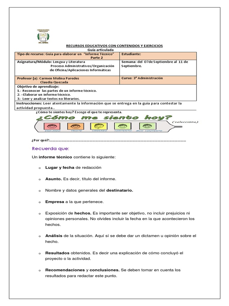 Gupia Reconocer Las Partes de Un Informe Técnico 2° Parte. 3 ...