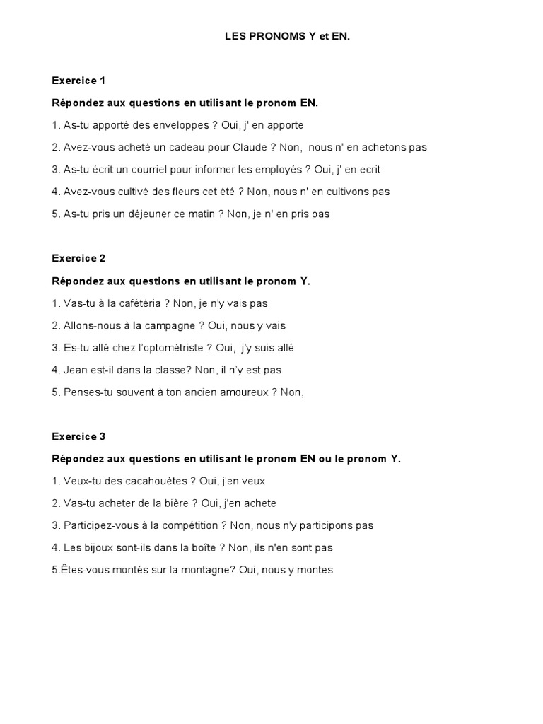 LES PRONOMS Y Et EN | PDF
