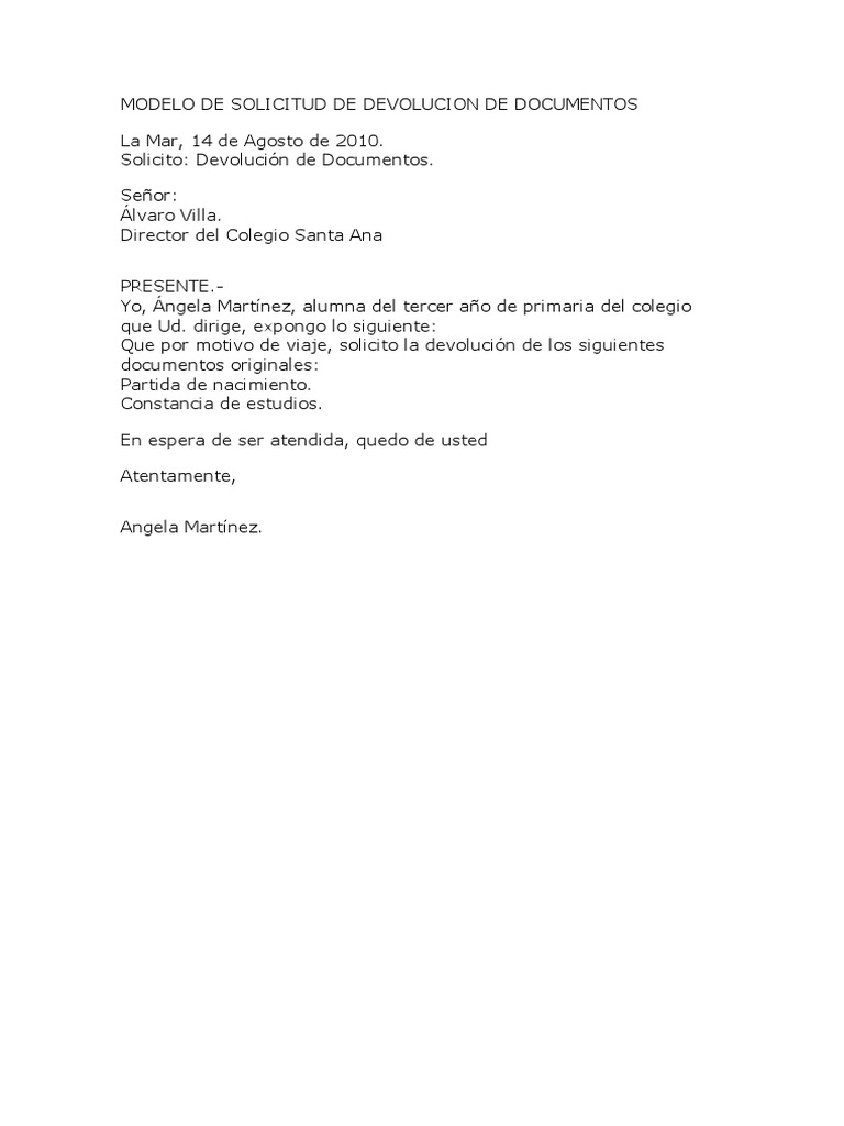 Solicitud Devolucion Documentos | PDF