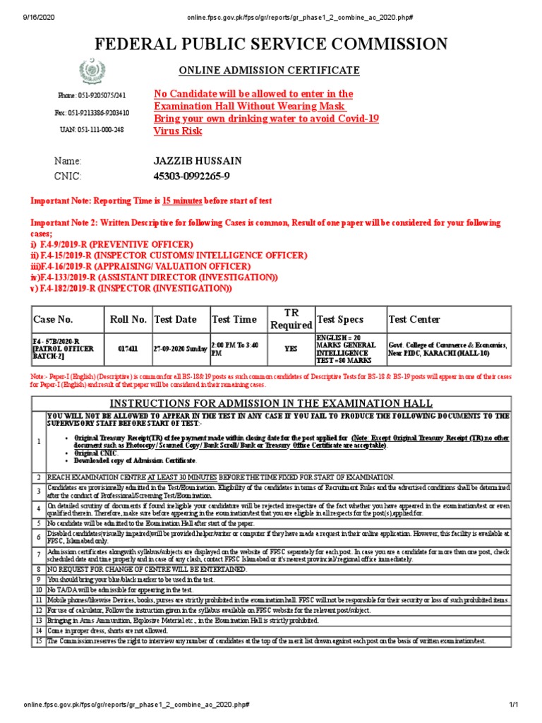 Admission Certificate and Instructions for Federal Public Service ...