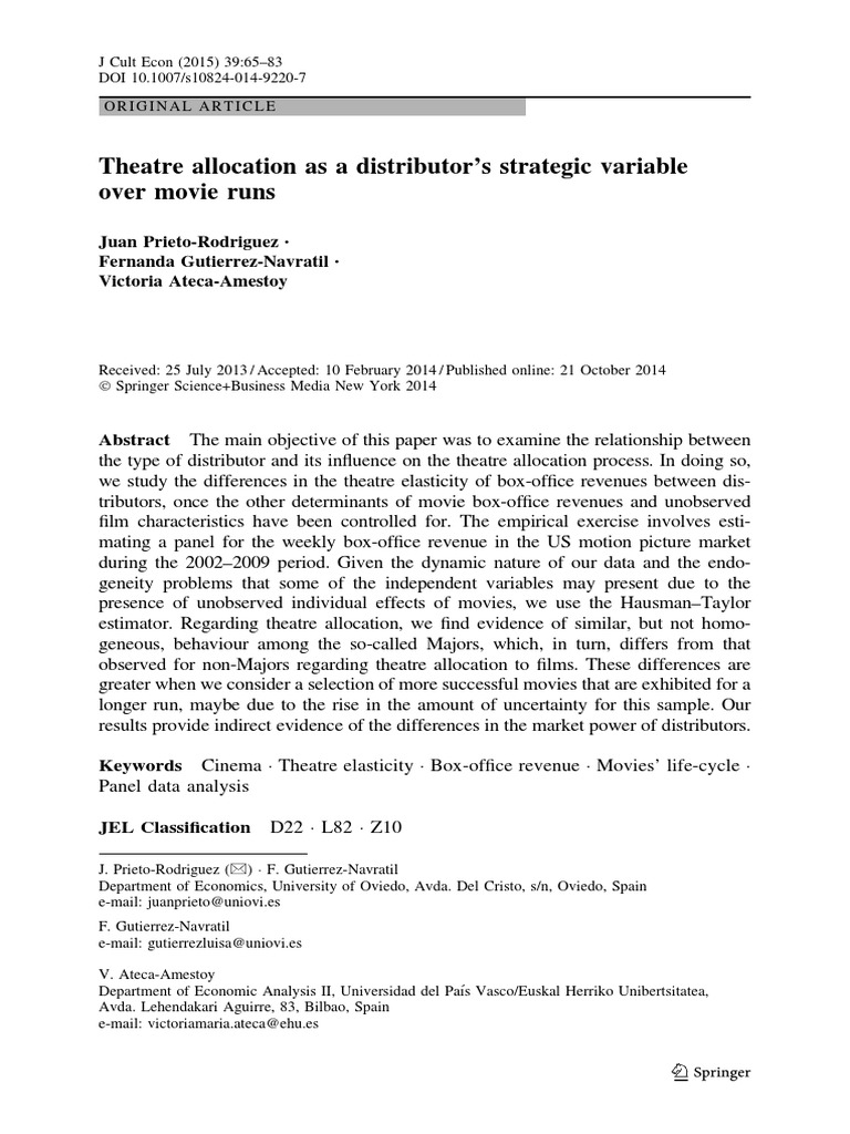 Theatre Allocation As A Distributor's Strategic Variable Over Movie ...