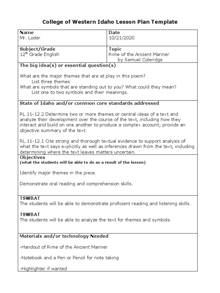 College of Western Idaho Lesson Plan Template: Name Date | PDF