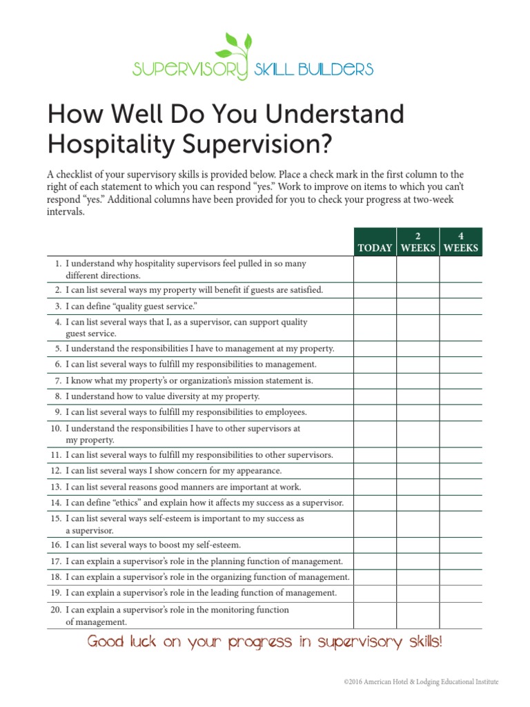 How Well Do You Understand Hospitality Supervision?: Today 2 Weeks 4 ...