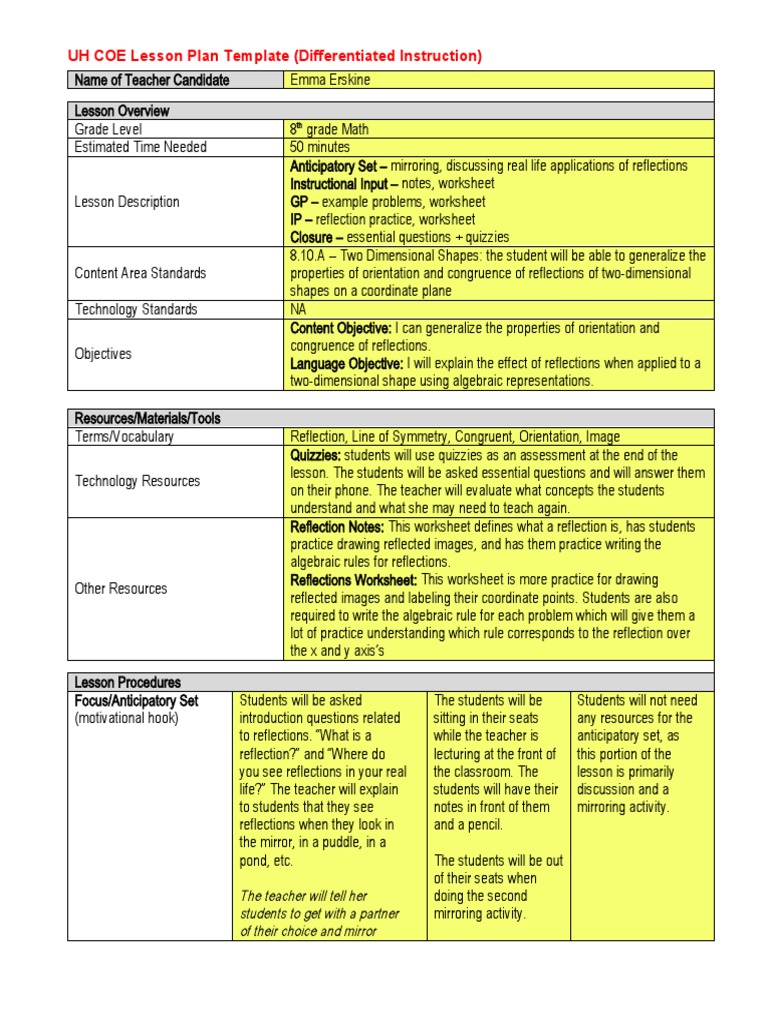 UH COE Lesson Plan Template (Differentiated Instruction) | PDF ...
