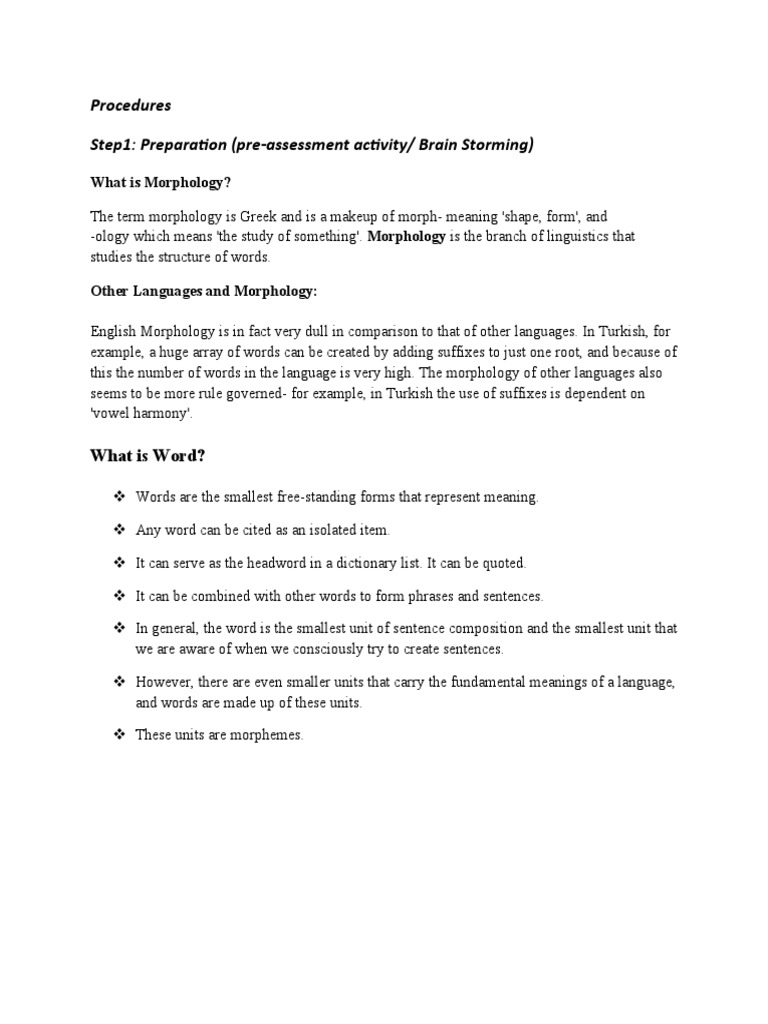 Procedures Step1: Preparation (Pre-Assessment Activity/ Brain Storming ...