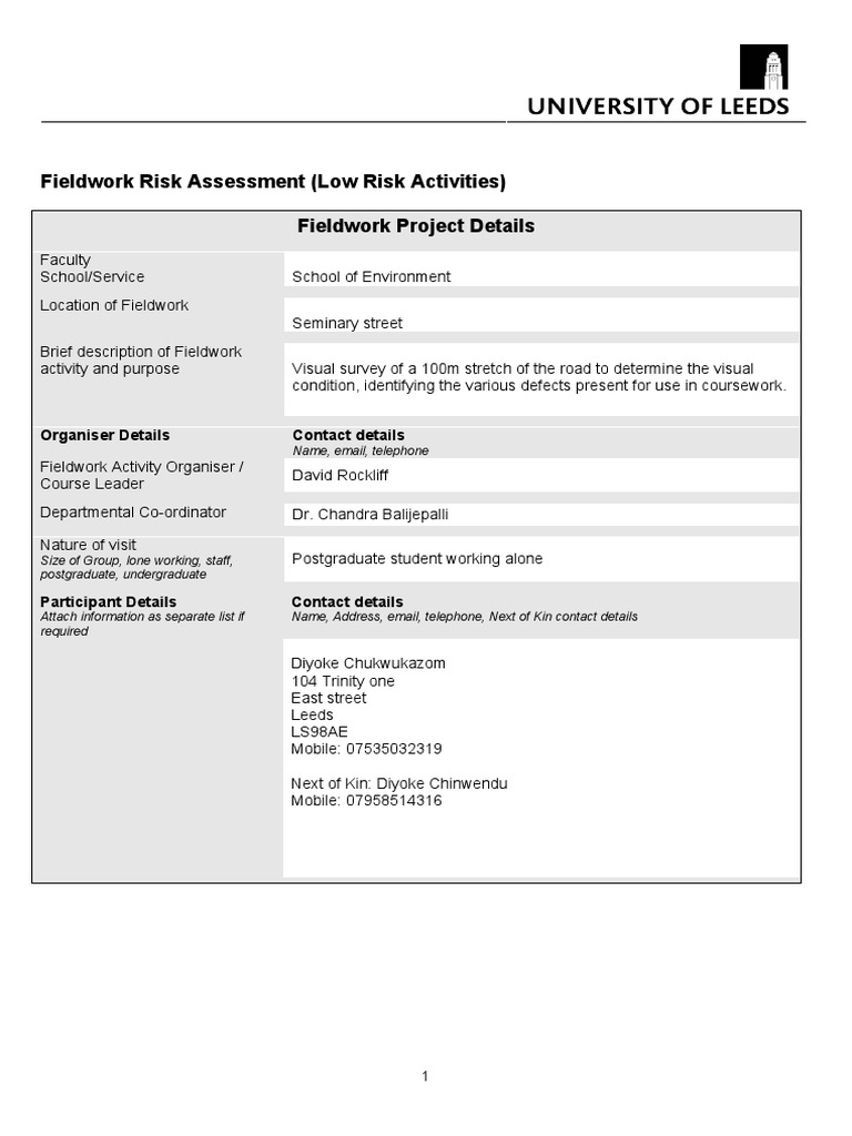 Low-Risk Fieldwork Assessment | PDF | Field Research | Risk