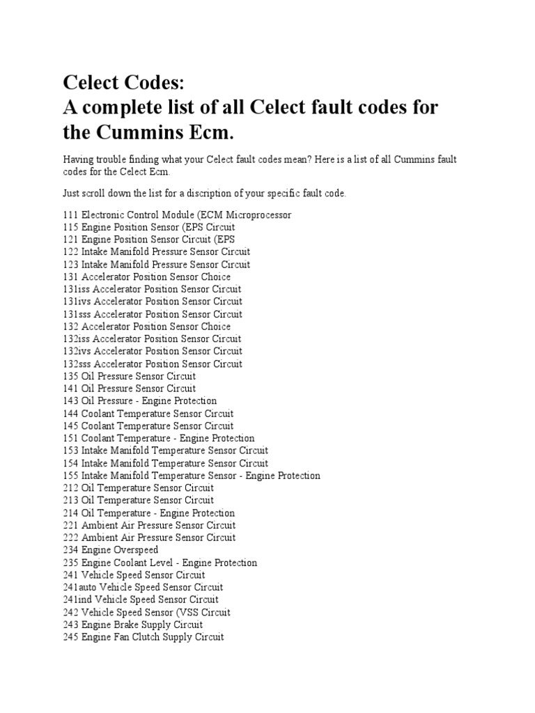 Complete List of Cummins Celect Fault Codes | PDF | Throttle | Fuel ...
