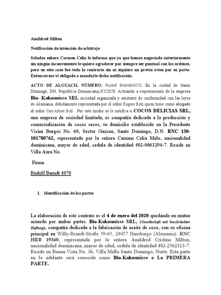 Intencion Arbitraje Amildred q111 | PDF | República Dominicana | Arbitraje