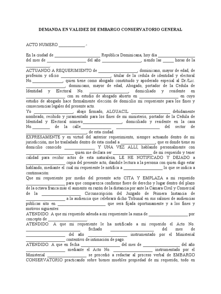 Demanda en Validez de Embargo Conservatorio General | PDF | Demanda ...