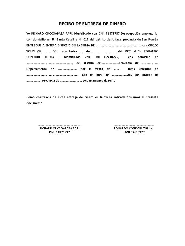 Recibo de Entrega de Dinero | PDF
