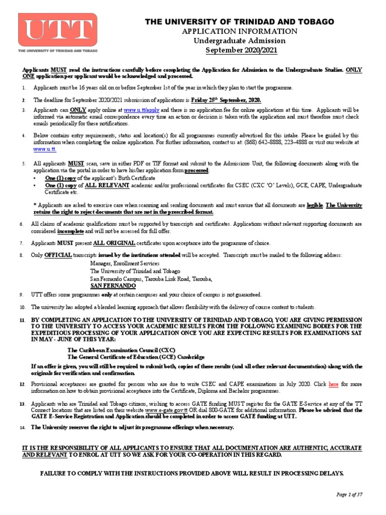 UTT Undergraduate Admission Guide 2025 | PDF | Postgraduate Education ...