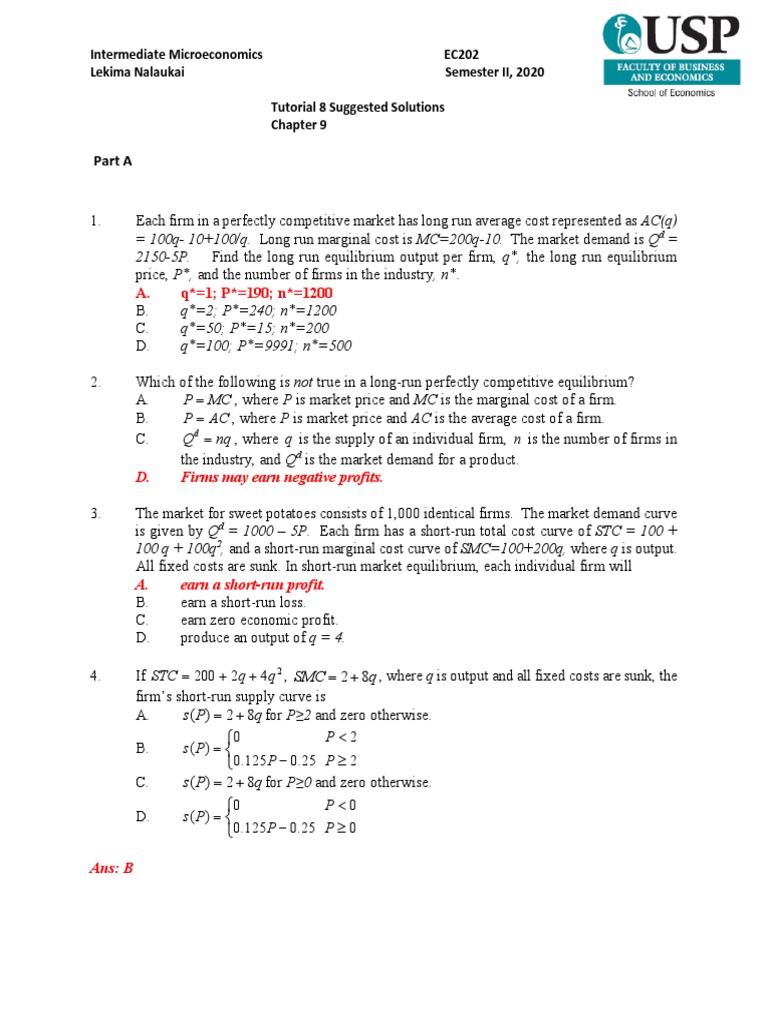 Tutorial 8 Solutions: Intermediate Microeconomics | PDF | Long Run And ...