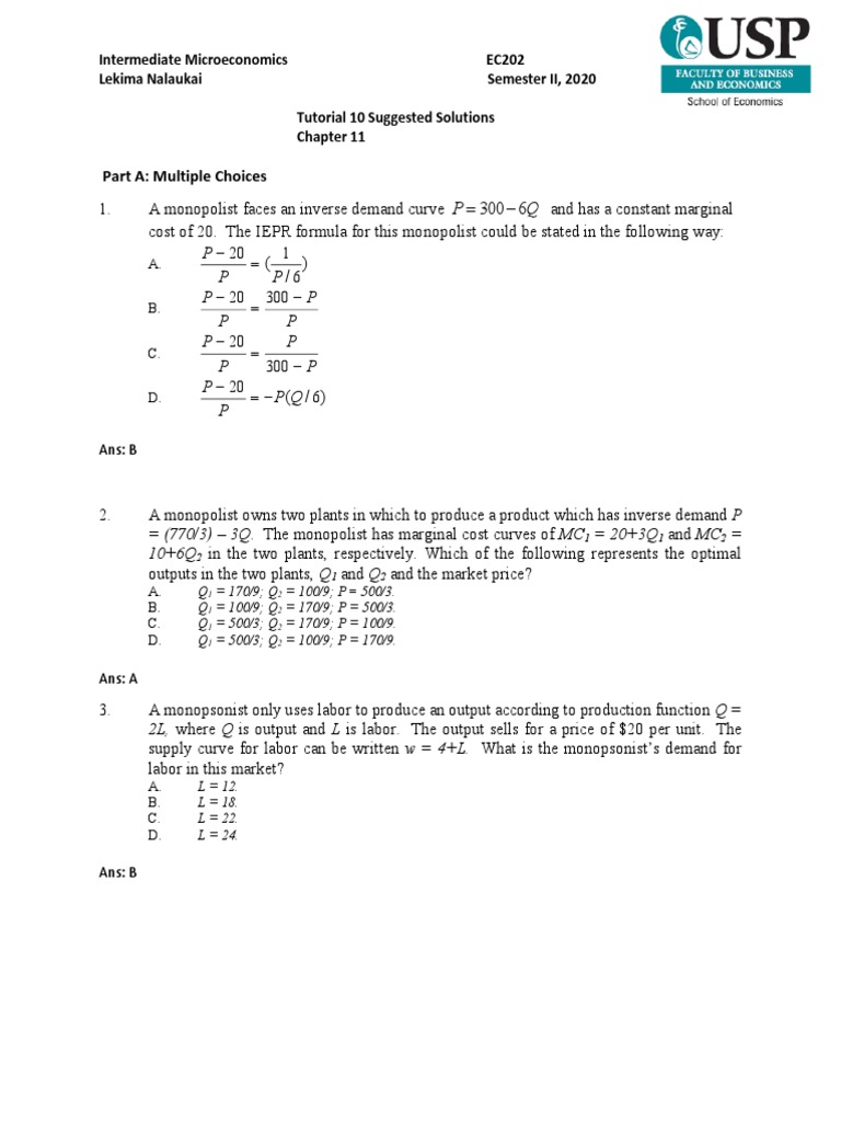Tutorial 10 Suggested Solutions | PDF | Demand | Monopoly