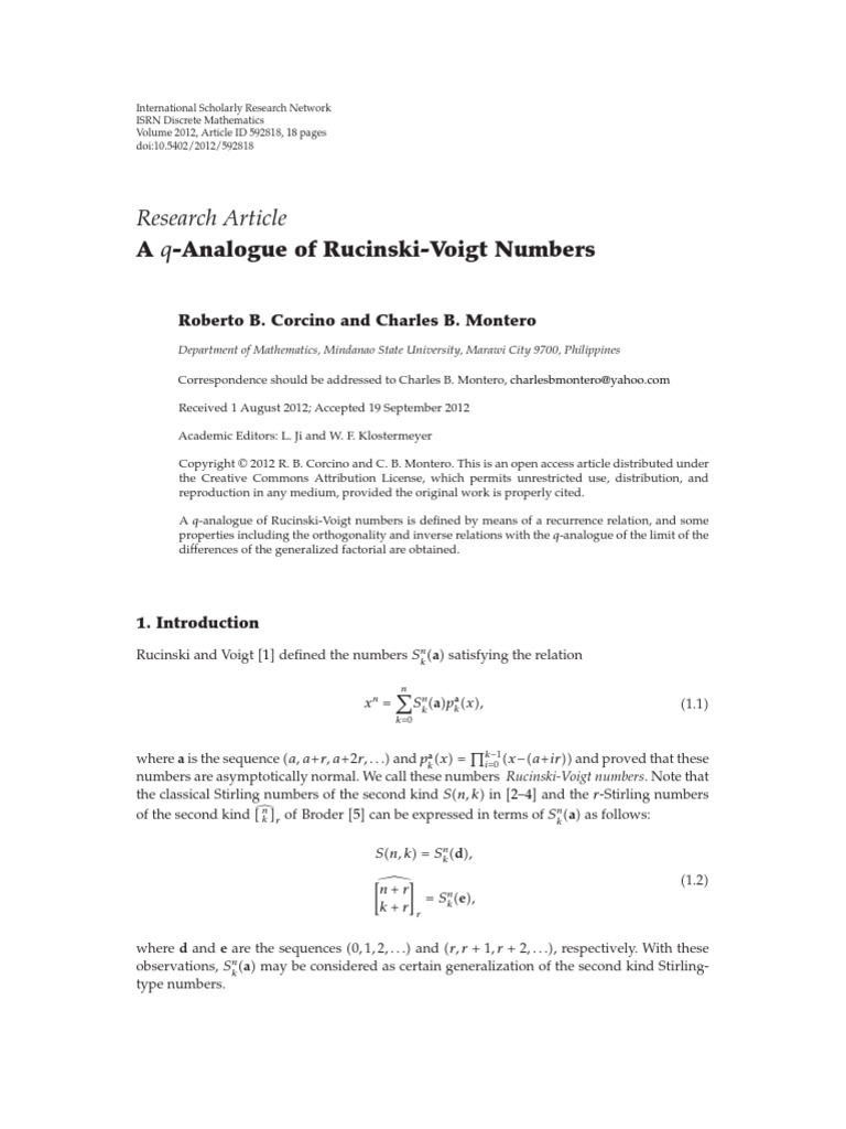 Research Article Q-Analogue of Rucinski-Voigt Numbers: Roberto B ...