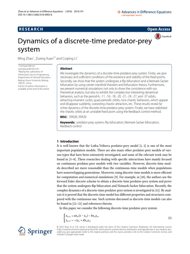 Dynamics of A Discrete-Time Predator-Prey System: Research Open Access ...