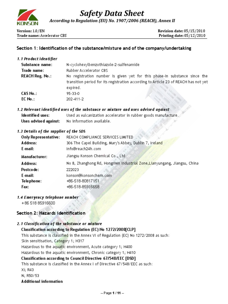 Safety Data Sheet for Rubber Accelerator CBS | PDF | Toxicity ...