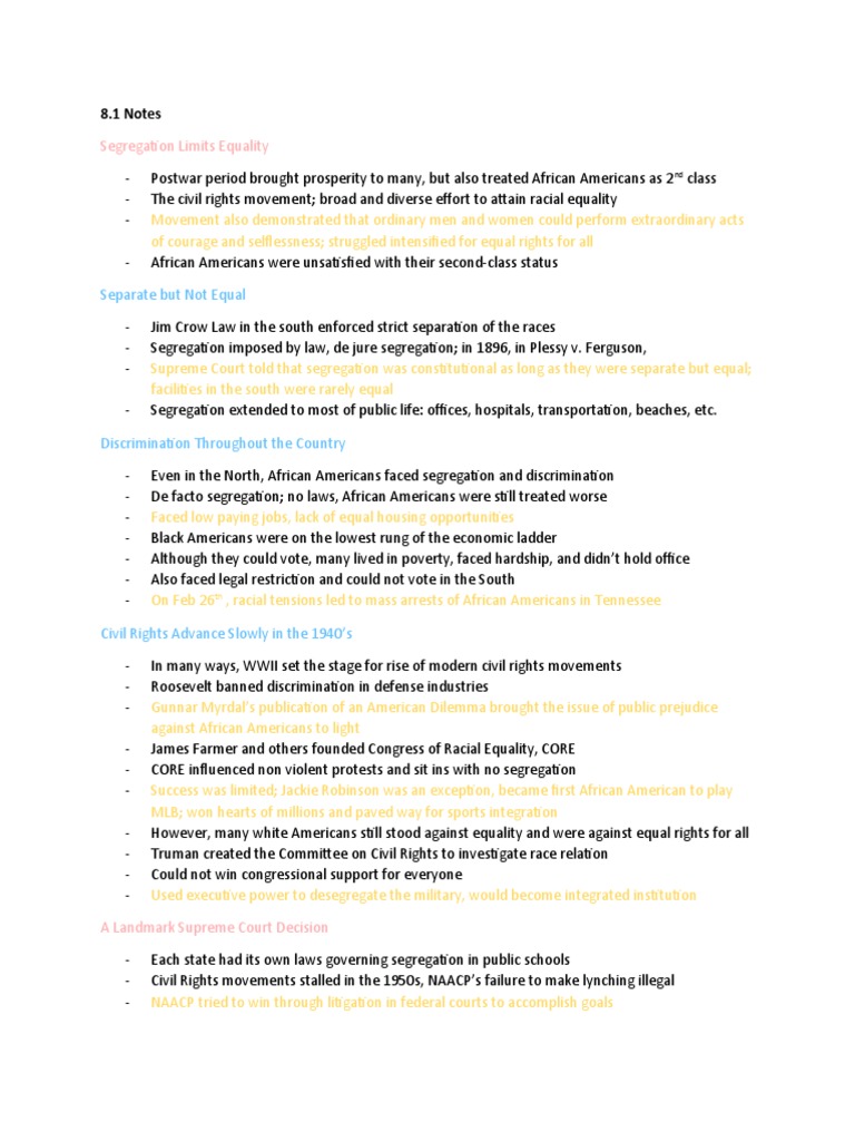 Segregation Limits Equality: 8.1 Notes | PDF | Brown V. Board Of ...